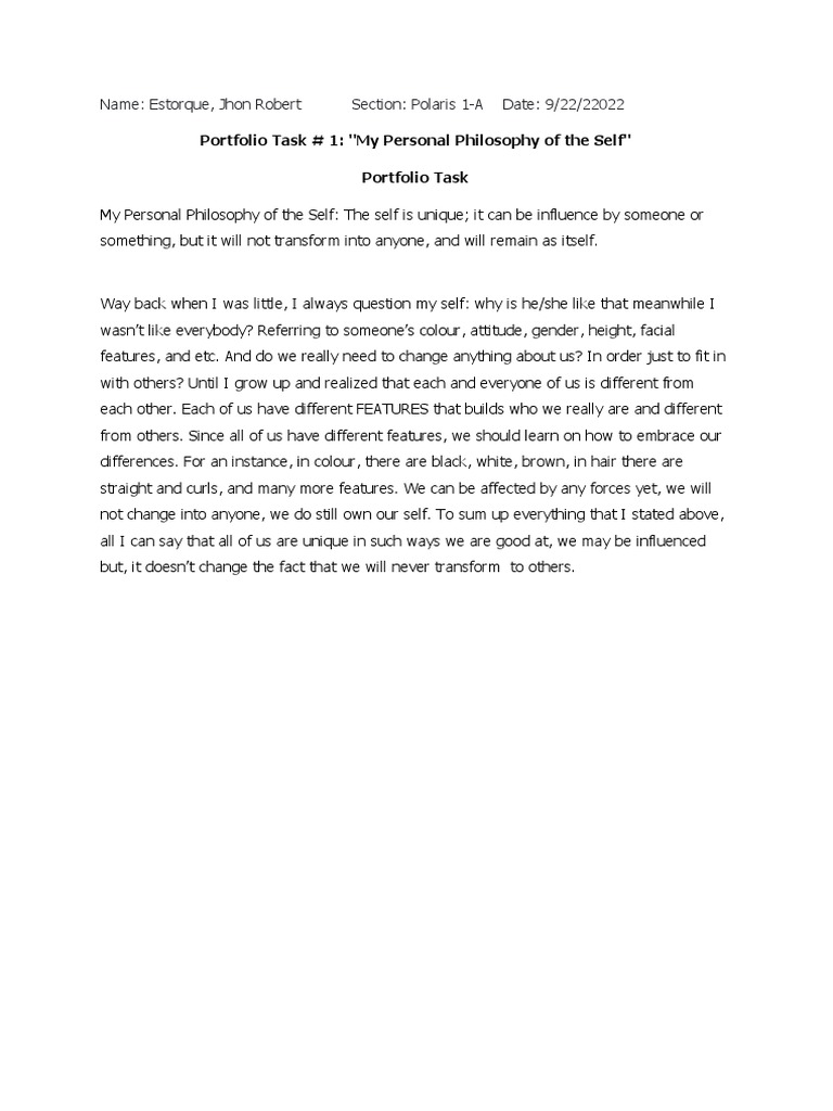 Portfolio Task # 1: "My Personal Philosophy of The Self" | PDF | Social Science | Self-Improvement