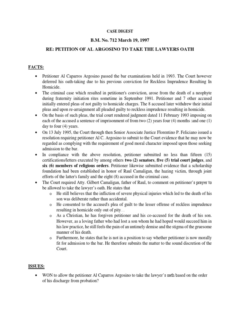 In Re Petition of Al Argosino To Take The Lawyer's Oath, Case Digest ...