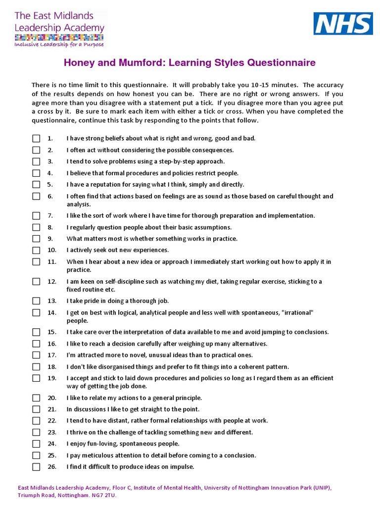 Honey & Mumford - Learning Styles Quiz NHS | PDF | Experience | Logic