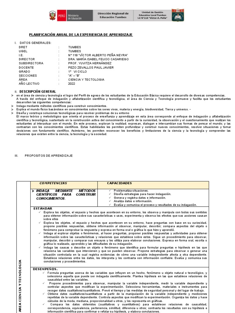 Planificaciòn Anual De La Experiencia De Aprendizaje C Y T Pdf