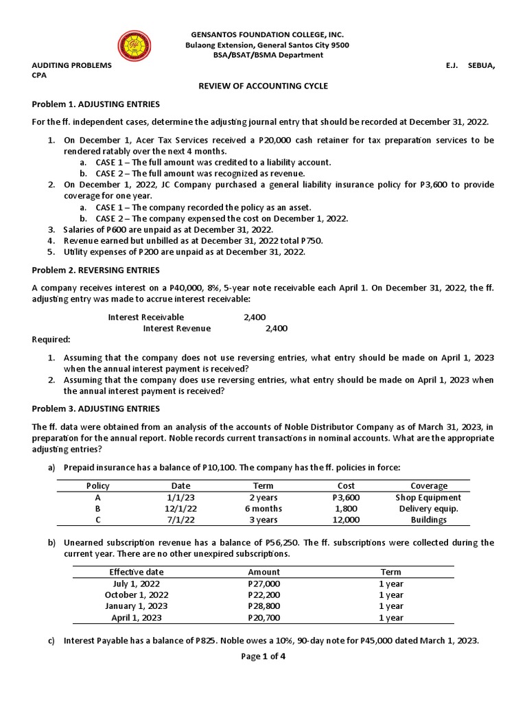 Review of Accounting Cycle | PDF | Debits And Credits | Expense