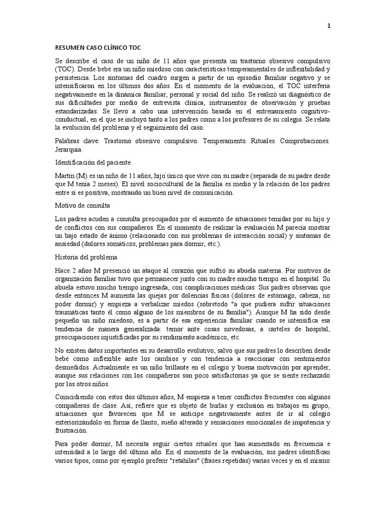 Resumen Caso Clínico Toc | PDF | Desorden obsesivo compulsivo | Ansiedad