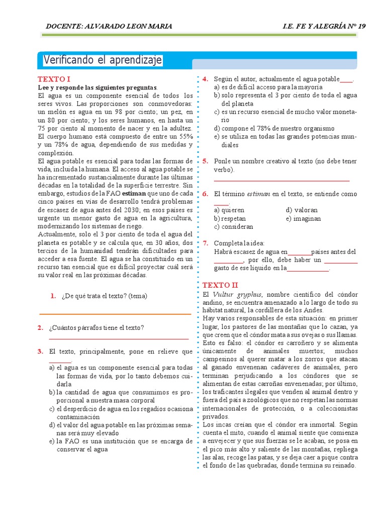 Comprension de Lectura-Estructura de Texto | PDF | Agua
