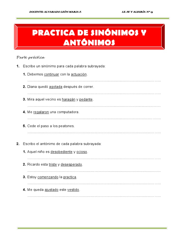 Ejercicios de Sinonimos y Antonimos | PDF | Semántica léxica