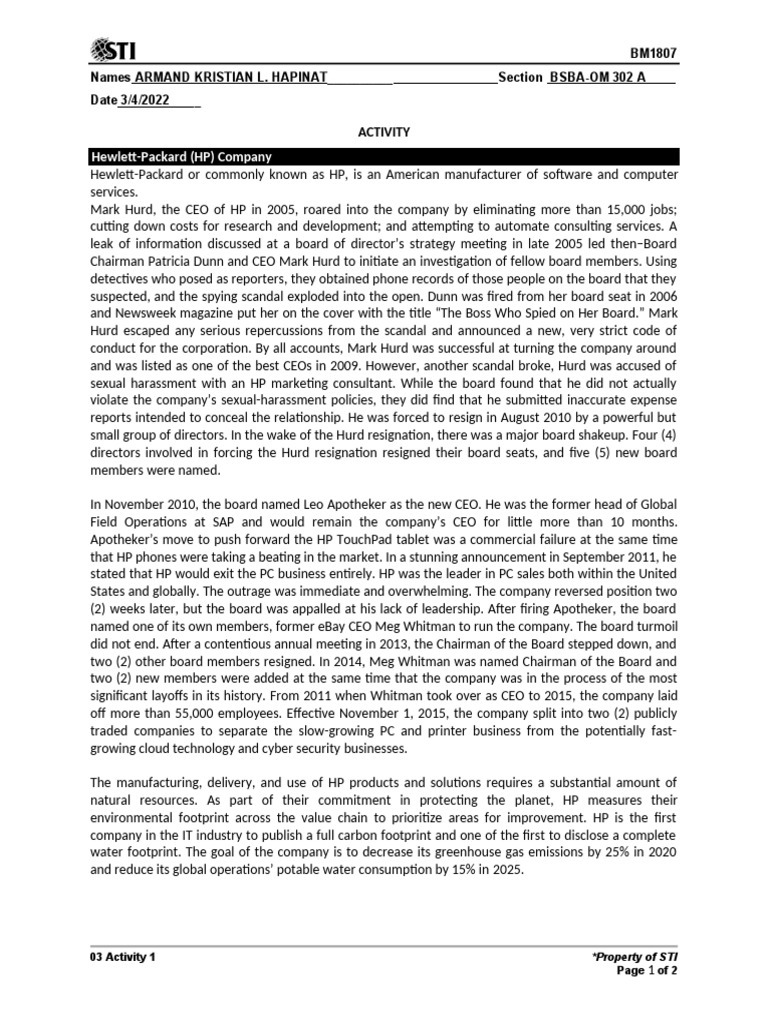 03 Activity 1-Strategic | PDF | Hewlett Packard | Business Ethics