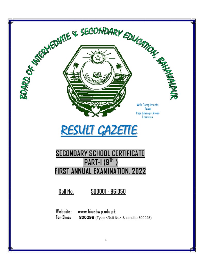 9th Class Result Gazette 2022 BISE BWP | PDF | Science