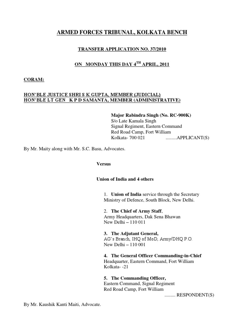 Armed Forces Tribunal Kolkata | PDF | Officer (Armed Forces) | Military Rank