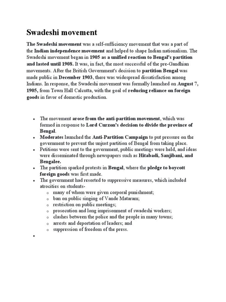 Swadeshi Movement | PDF | Indian Independence Movement | British Raj