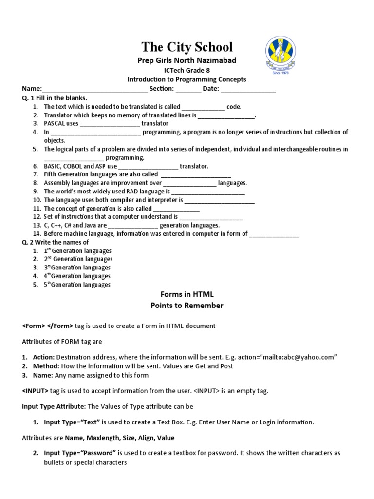 Class 8 Ict Practice Worksheet | PDF | Html Element | Java Script