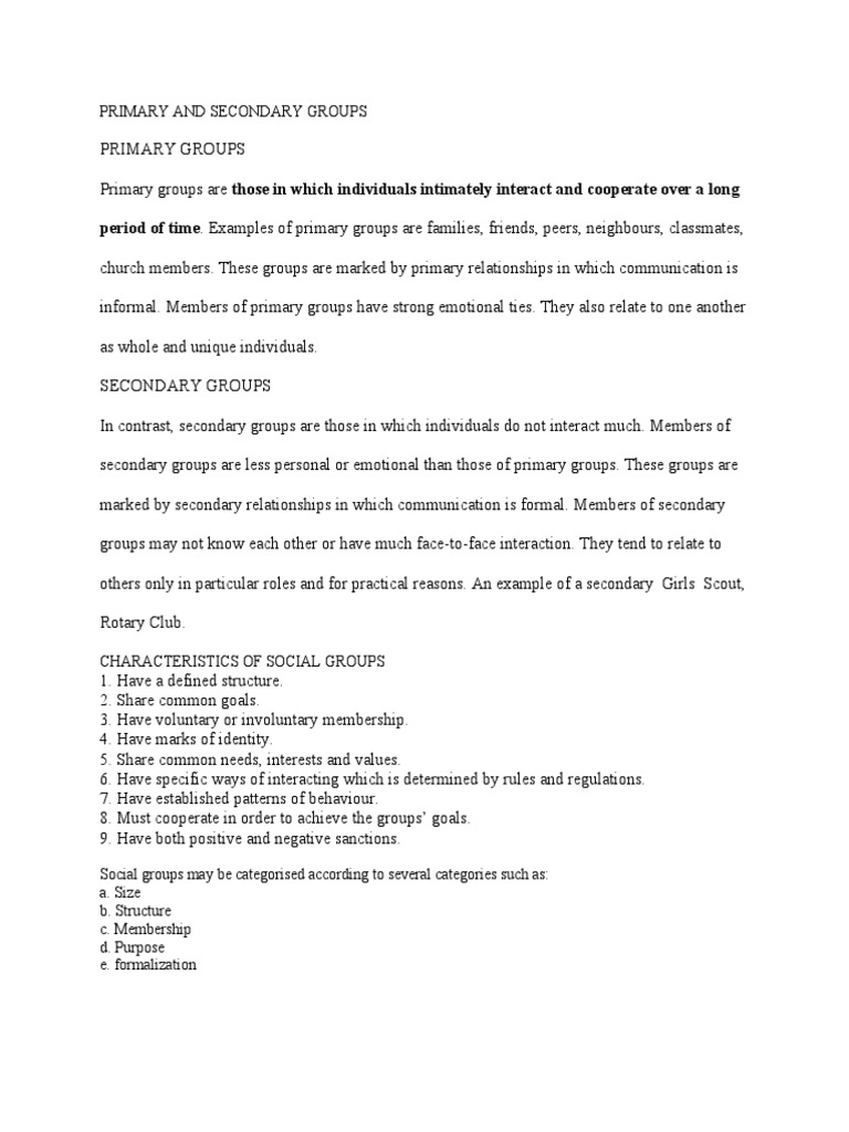 Primary and Secondary Groups | PDF | Social Group | Identity (Social Science)