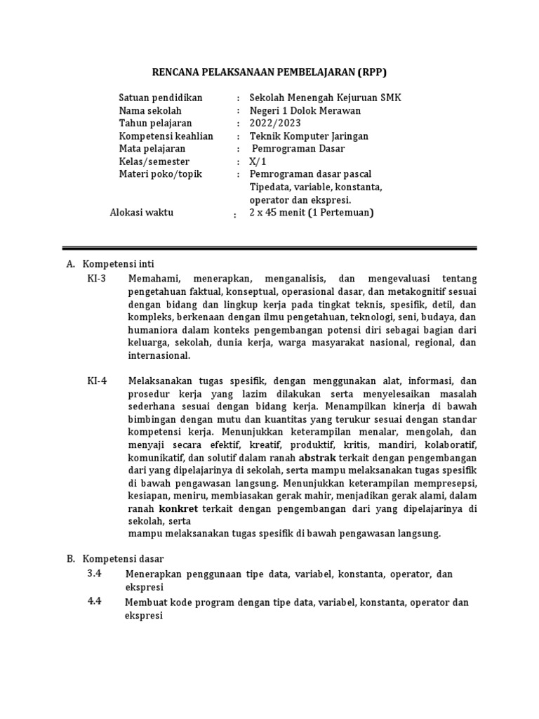 RPP k13 Progda Menerapkan Penggunaan Tipe Data, Variabel, Konstanta, Operator, Dan Ekspresi | PDF