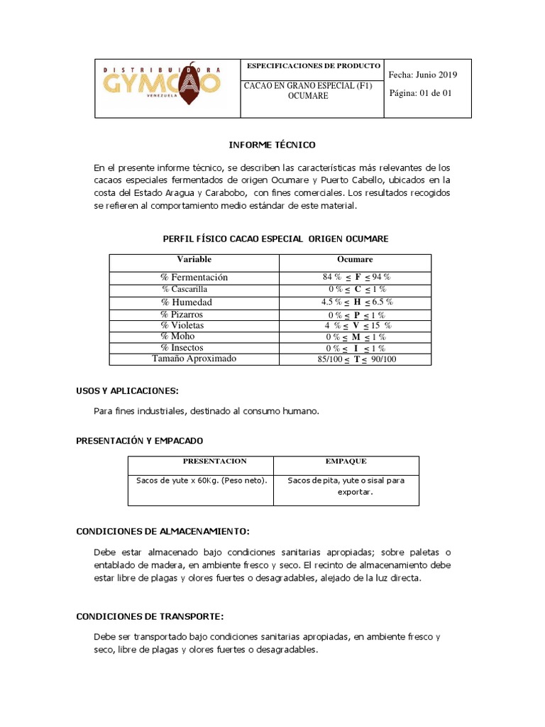 Ficha Técnica Cacao Especial Ocumare (F1) | PDF Ficha Técnica Cacao Especial Ocumare (F1) | PDF