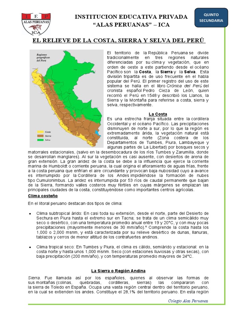 FICHA 5to EL RELIEVE DE LA COSTA SIERRA Y SELVA DEL PERU | PDF | Clima ...