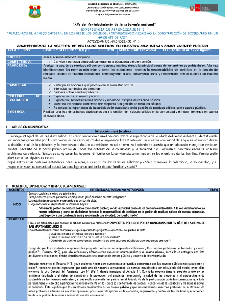 ACTIVIDAD DE APRENDIZAJE #1 - EXP. APREND. #3 - DPCC 1° A, B y C | PDF | Residuos | Entorno natural