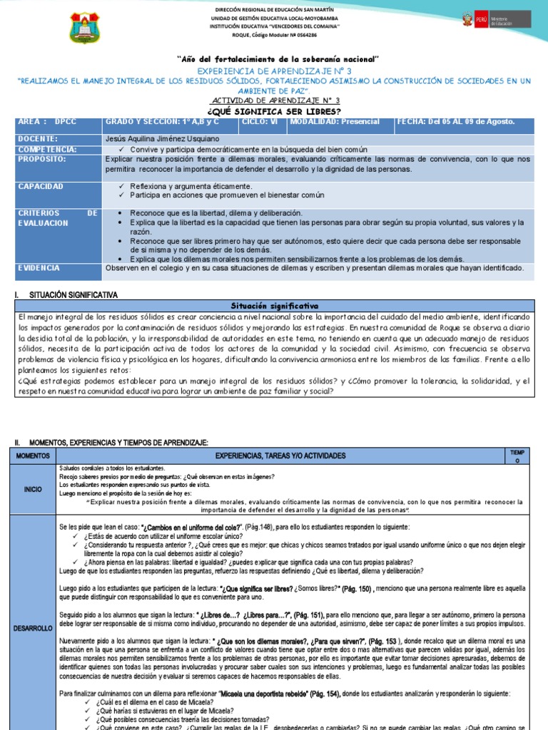 ACTIVIDAD DE APRENDIZAJE #3 - EXP. APREND. #3 - DPCC 1° A, B y C | PDF | Evaluación | Libertad