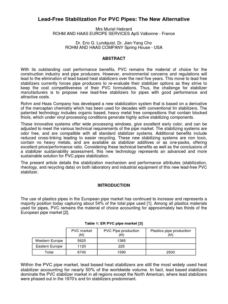 Lead-Free Stabilization For PVC Pipes The New Alternative | PDF ...