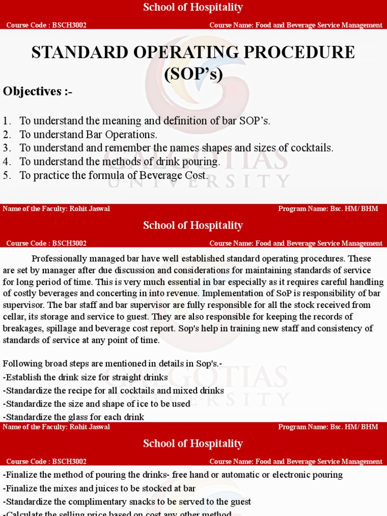 Standard Operating Procedure (SOP's) : Objectives | PDF | Drink | Soft ...