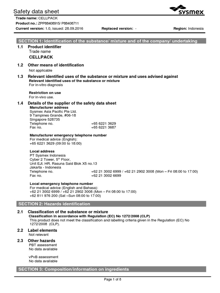 Sysmex CELLPACK Safety Data Sheet | PDF | Chemistry | Occupational ...