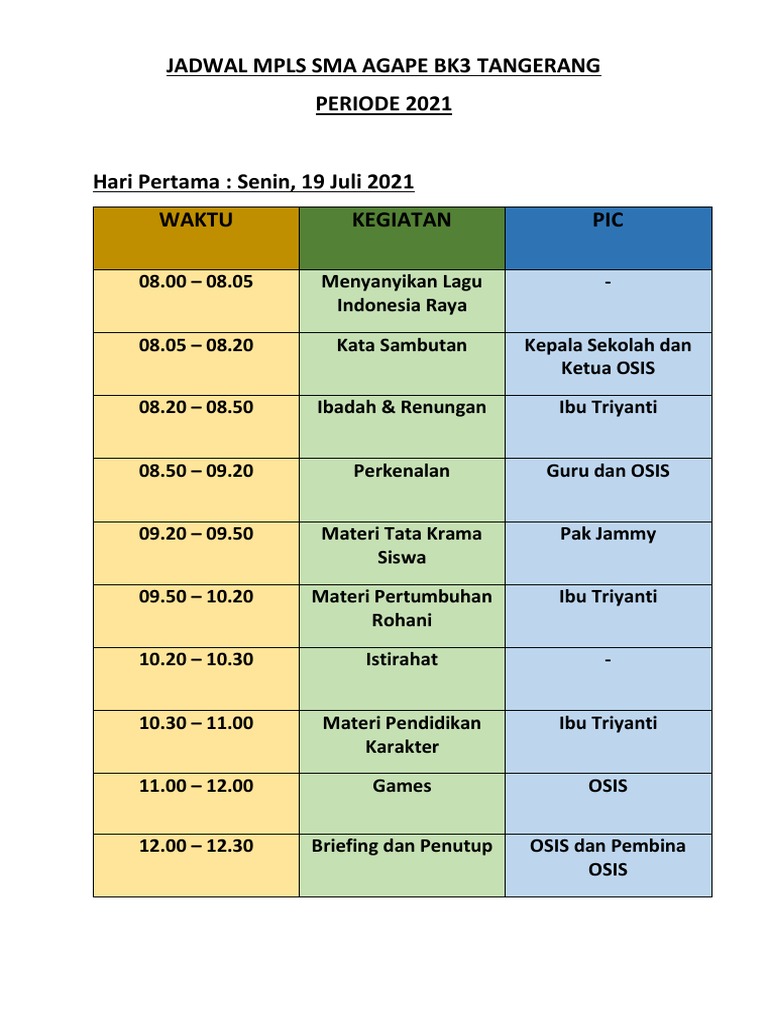 Jadwal Mpls Sma Agape Bk3 | PDF