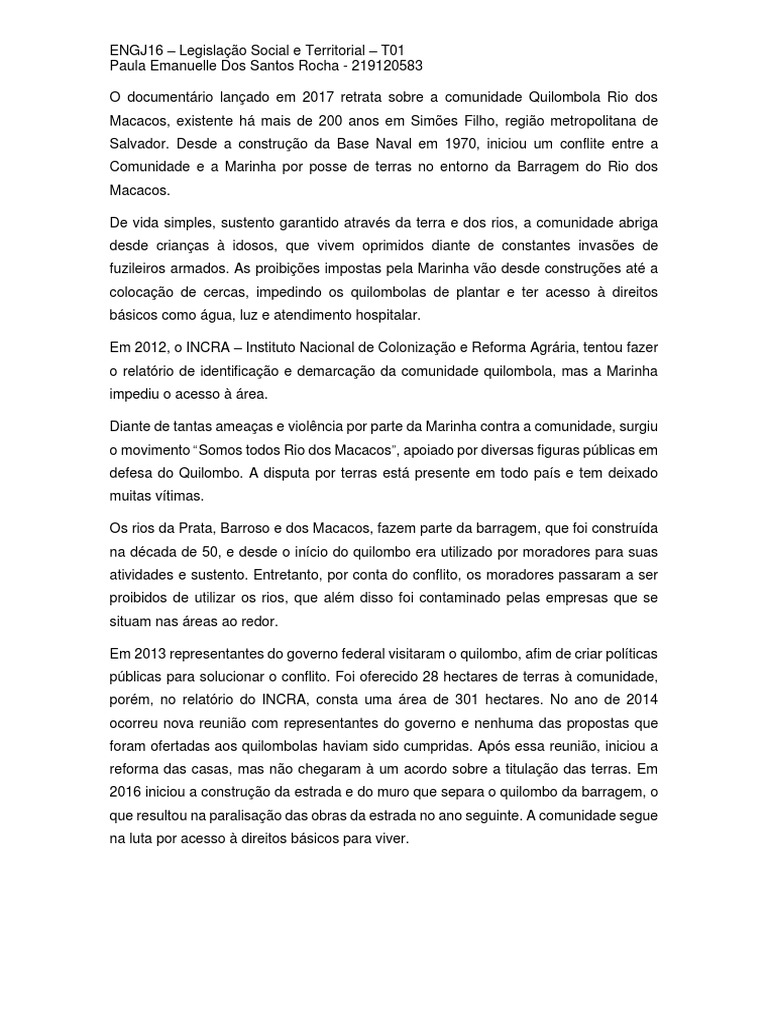 Resumo Documentario Quilombo Dos Macacos | PDF
