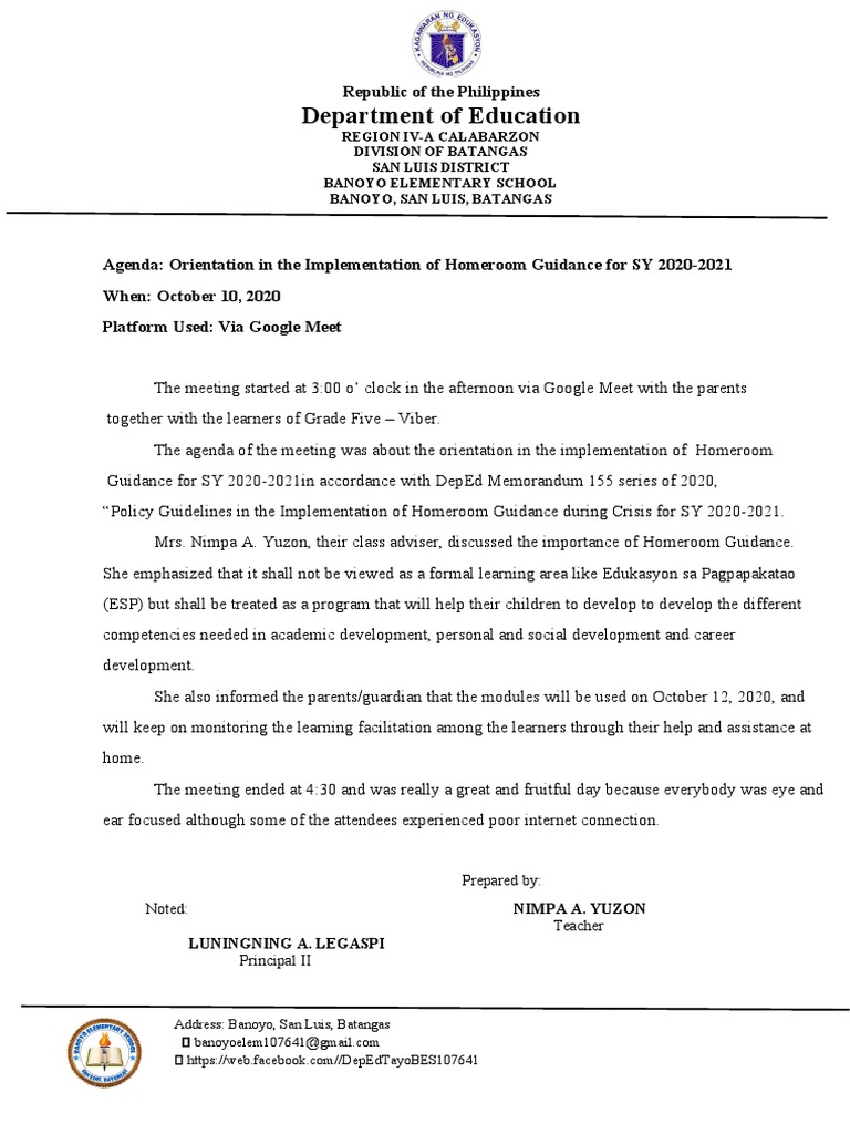 Homerrom Guidance Minutes of The Meeting | PDF | Learning | Behavior ...