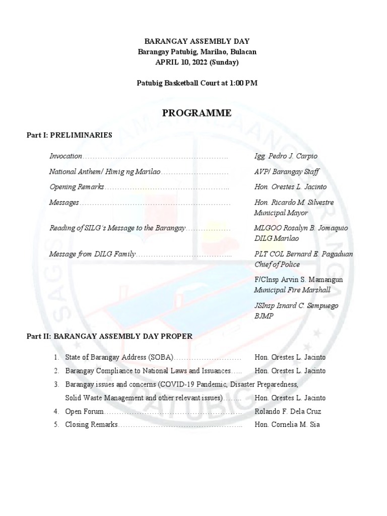 Barangay Assembly Invitation & Programme | PDF