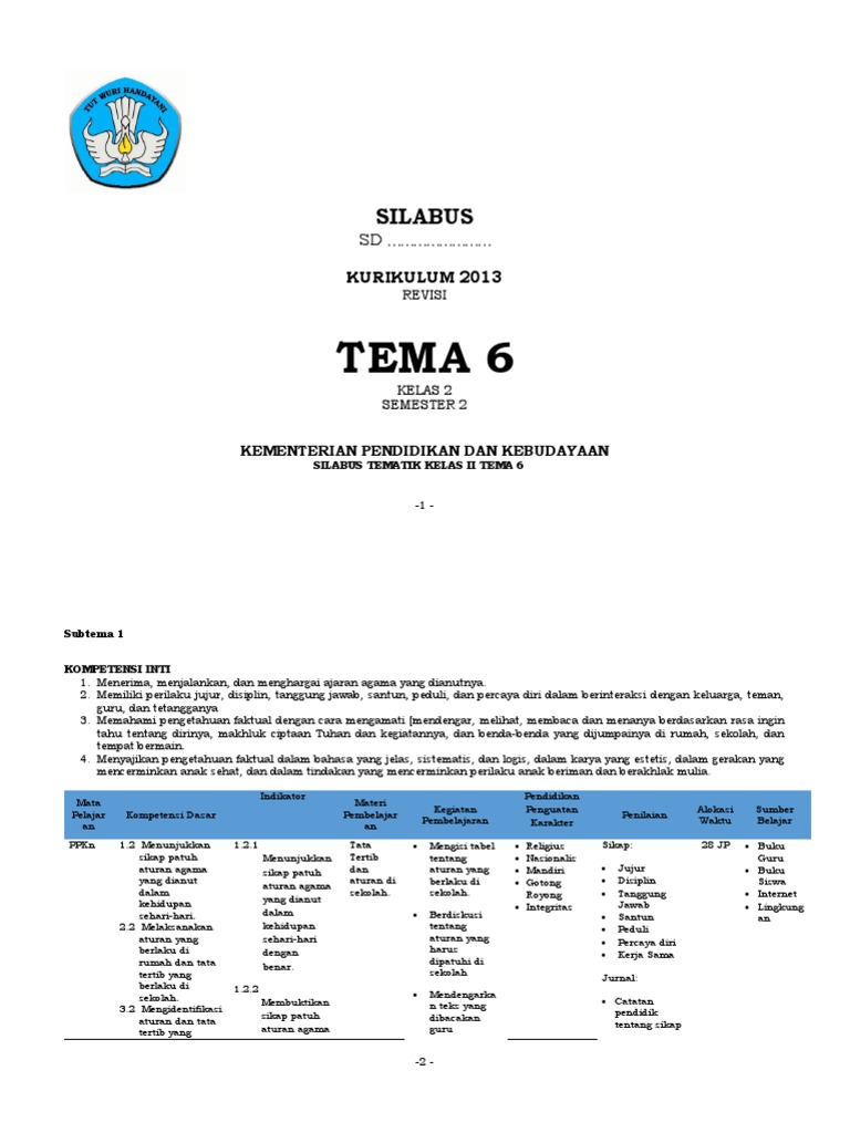 Silabus Kelas 2 Tema 6 | PDF
