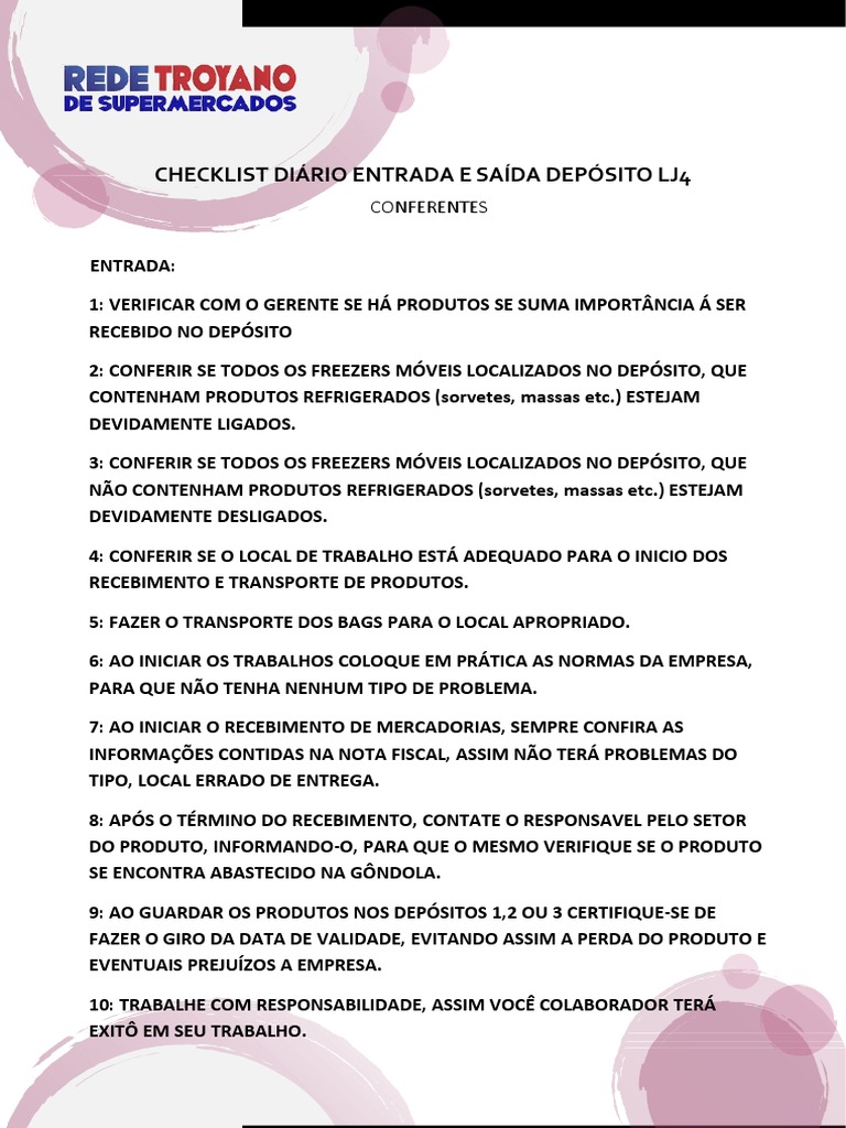 Checklist Diário Entrada e Saída Depósito Lj4 | PDF | Casa e Jardim ...