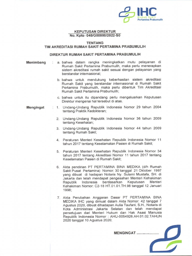 Keputusan Direktur 2022-045 Tim Akreditasi RS Pertamina Prabumulih | PDF