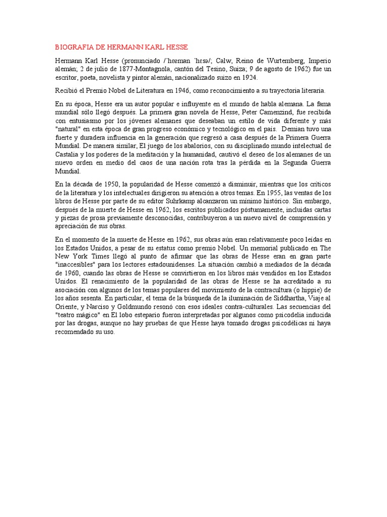 Biografia de Hermann Karl Hesse | PDF | Hermann Hesse