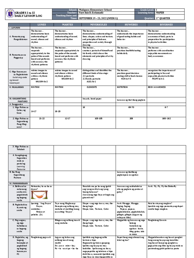 DLL - Mapeh 1 - Q1 - W5 | PDF | Learning | Rhythm