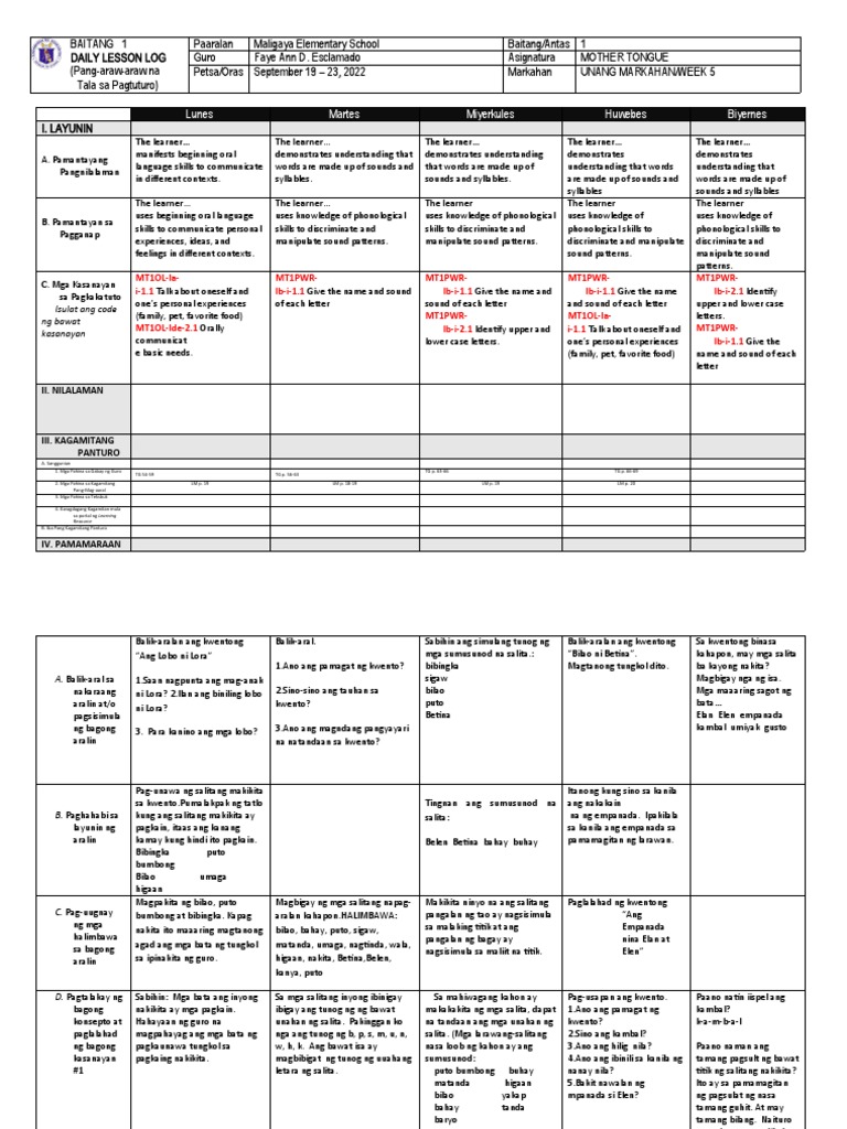 MTB 1 DLL Melcs-Qtr 1-Week 5 | PDF | Linguistics | Cognition