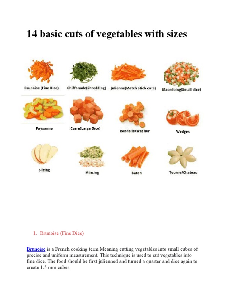 14 Basic Cuts of Vegetables With Sizes | PDF | Cookware And Bakeware | Home