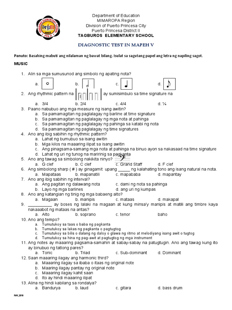 Diagnostic Test in MAPEH, EPP, ENG, SCI | PDF