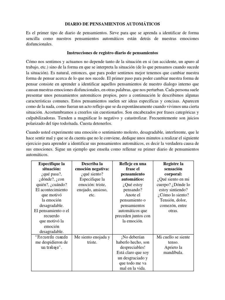 Diario de Pensamientos Automáticos | Descargar gratis PDF | Las emociones | Conceptos psicologicos