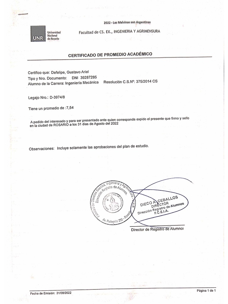 Certificado de Promedio Academico | PDF