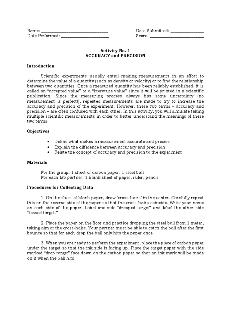 Laboratory Activity 1 Download Free Pdf Accuracy And Precision Measurement