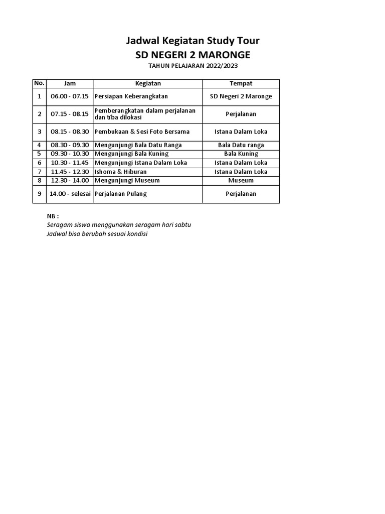 Jadwal Study Tour | PDF
