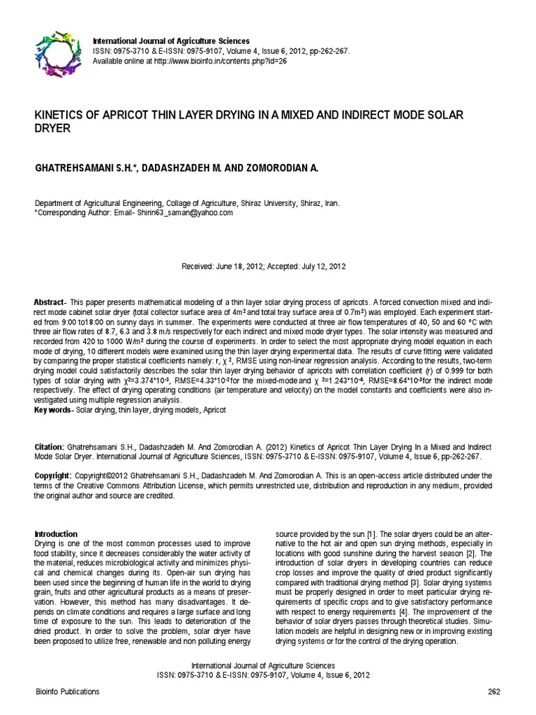 Kinetics of Apricot Thin Layer Drying in A Mixed and Indirect Mode Solar | PDF | International ...