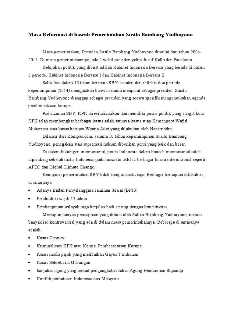 Masa Reformasi Di Bawah Pemerintahan Susilo Bambang Yudhoyono | PDF