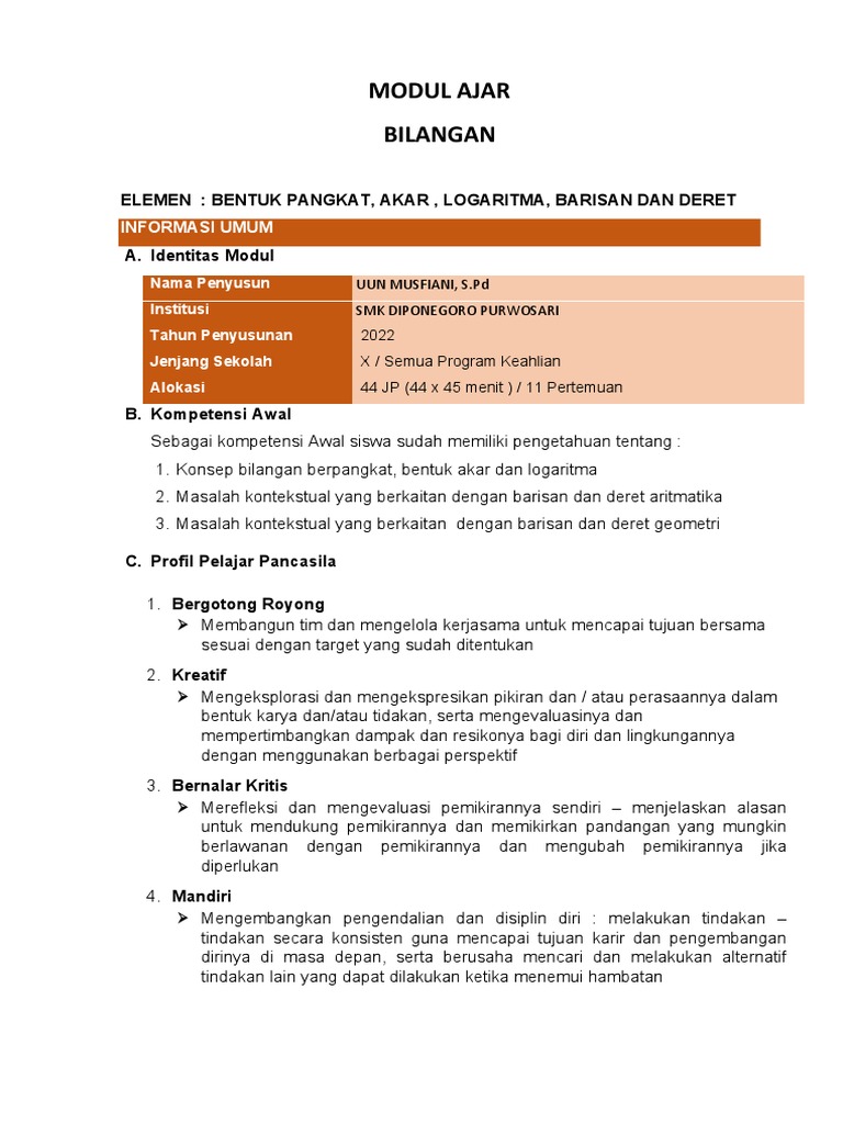 MODUL AJAR Bentuk Akar Dan Logaritma | PDF