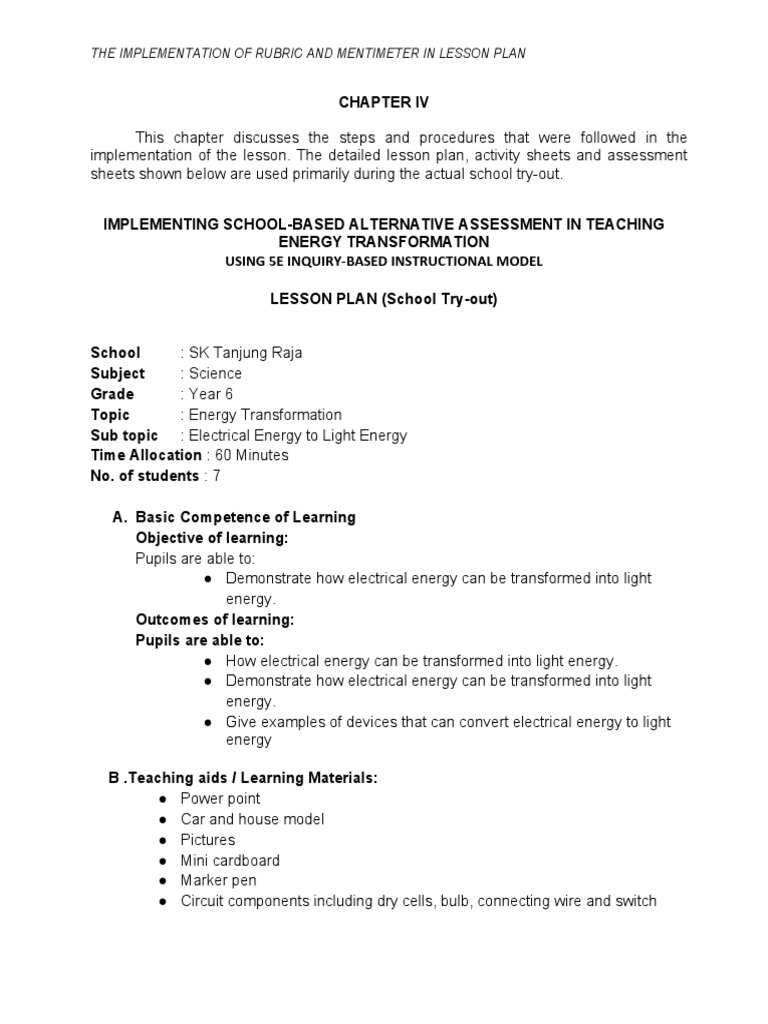 Example The Implementation: Lesson Plan | PDF | Teachers | Educational Assessment