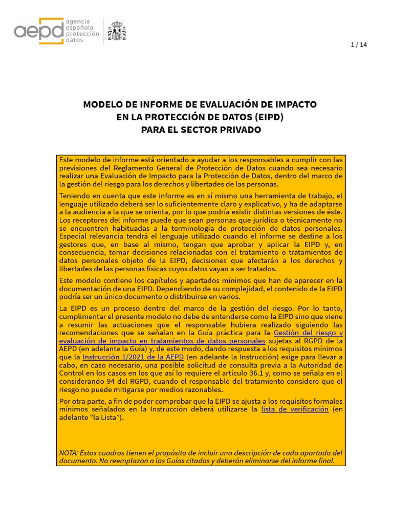 Modelo Informe EIPD Sector Privado | PDF | Riesgo | Privacidad de la ...
