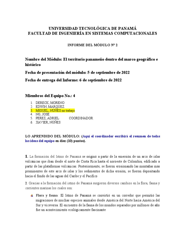 INFORME Módulo 2 Equipo #4 1IL113 | PDF | Panamá | Centroamérica