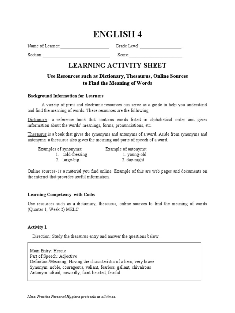 ENGLISH-LAS-Grade-4-Competency-2.2 - Final Edited | PDF | Dictionary ...