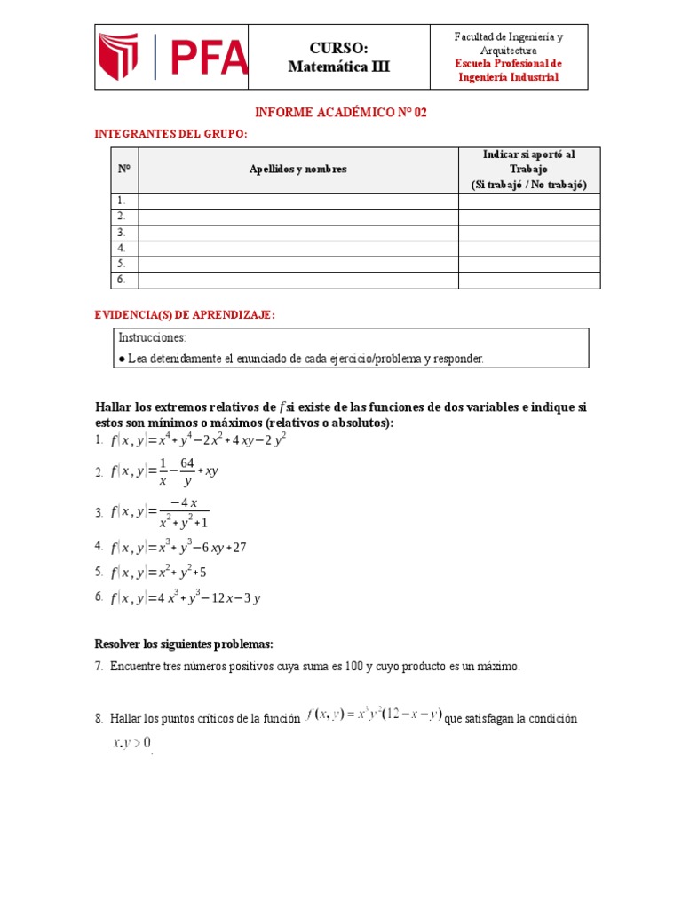 Informe Academico #02 - Matemática III (Ing Industrial) | PDF | Integral | Matemáticas