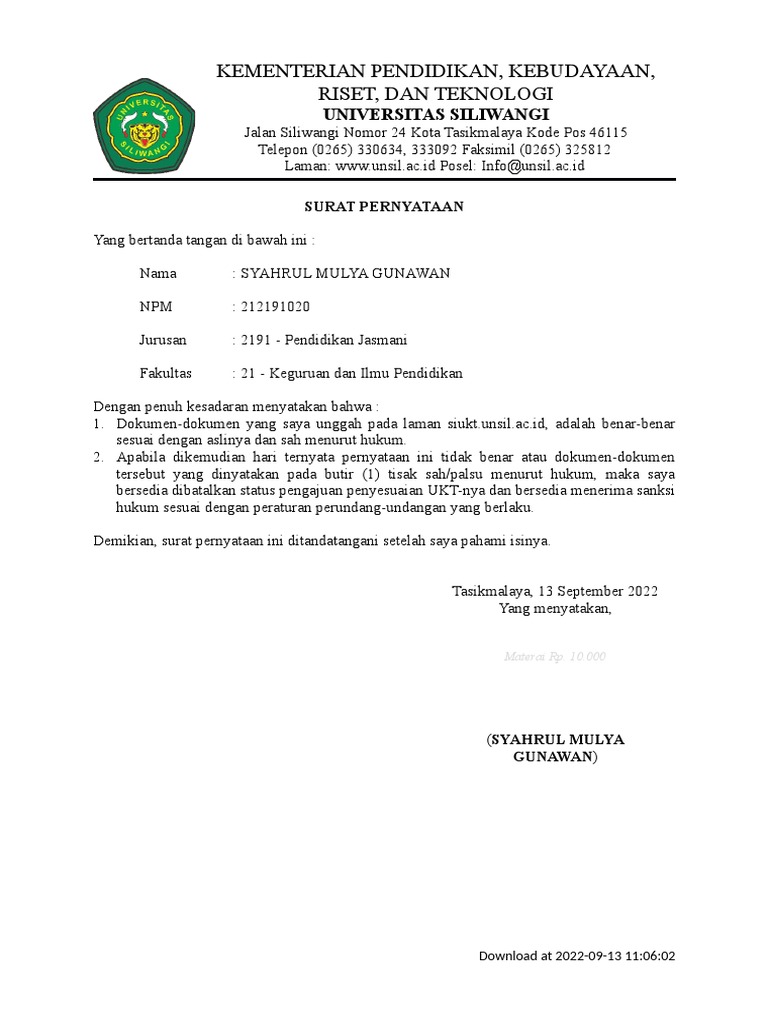 Surat Penyataan Keaslian Dokumen Ukt | PDF Surat Penyataan Keaslian Dokumen Ukt | PDF