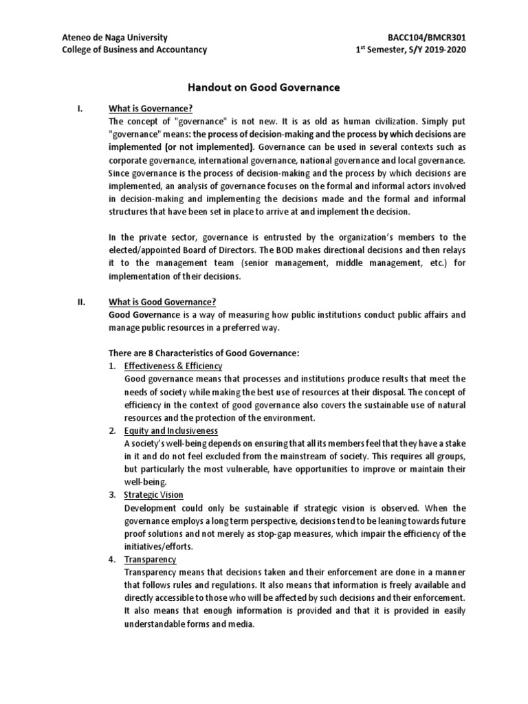 Handout On Good Governance | PDF | Governance | Good Governance