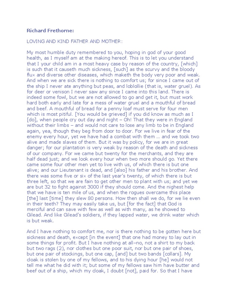 Richard Frethorne Letter | PDF