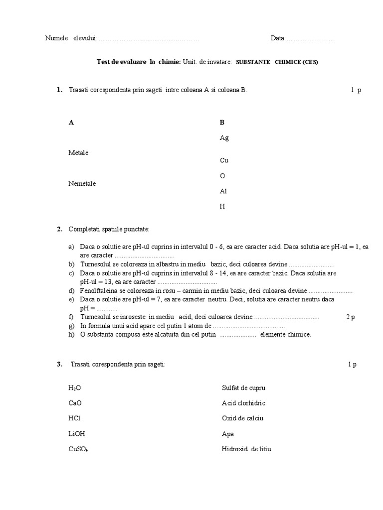 Evaluare Chimie: Substanțe și pH | PDF